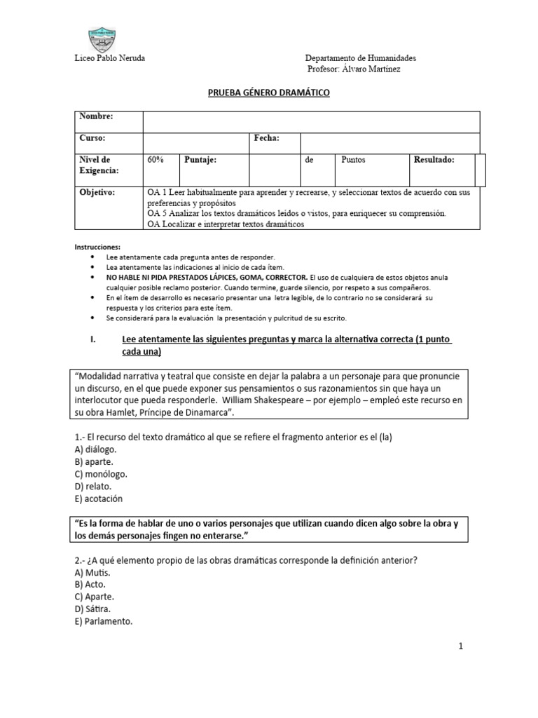 Prueba-genero-dramatico-I Medio | PDF | Teatro | Narración