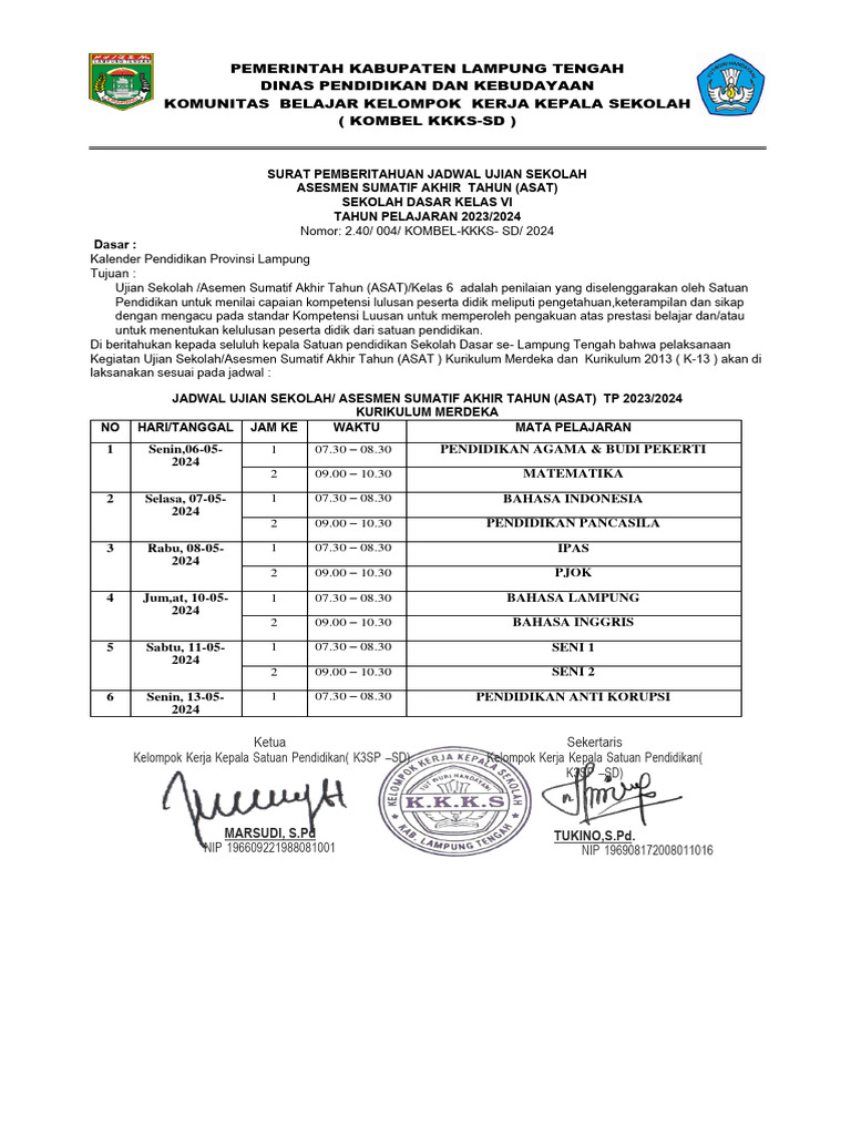 Jadwal Ujian Sekolah TP 2023.2024 | PDF