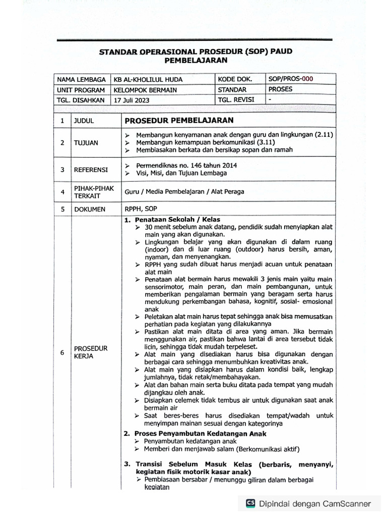 Sop Pembelajaran Paud KB Al Kholilul Huda | PDF