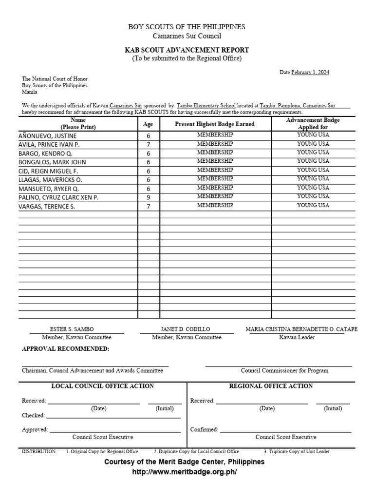 Kab Scout Advancement Form 2023 2024 | Download Free PDF | Outdoor ...