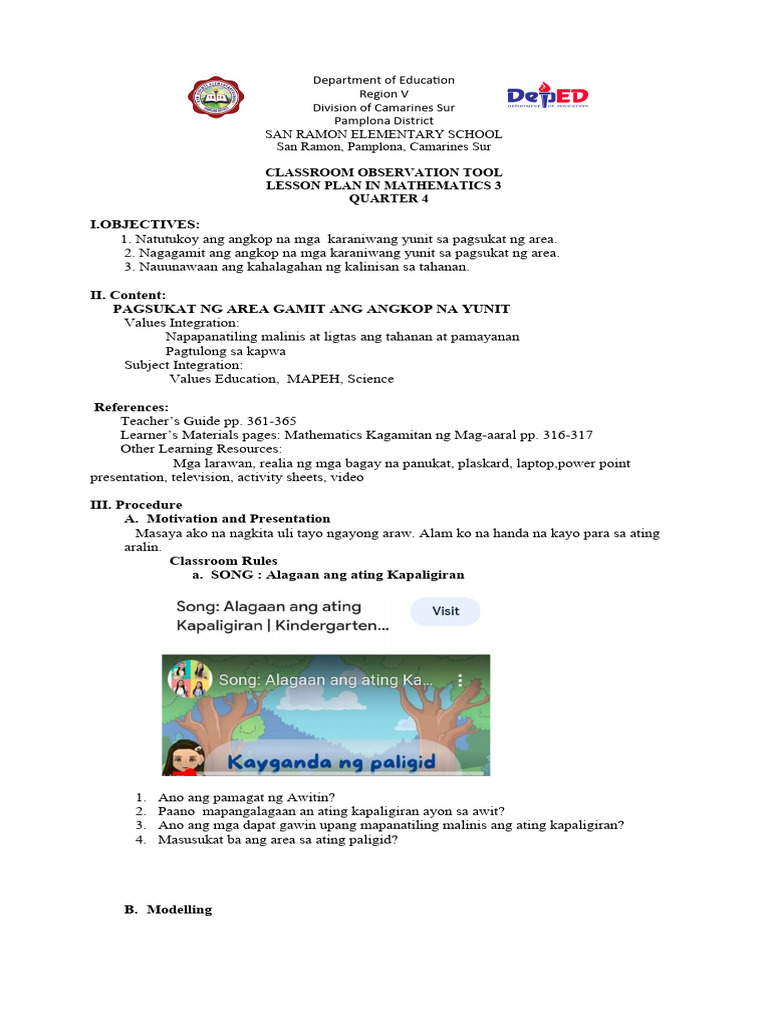 COT LESSON PLAN IN MATHEMATICS 3 Q4 Pagsukat NG Area Gamit Ang Angkop Na Yunit | PDF