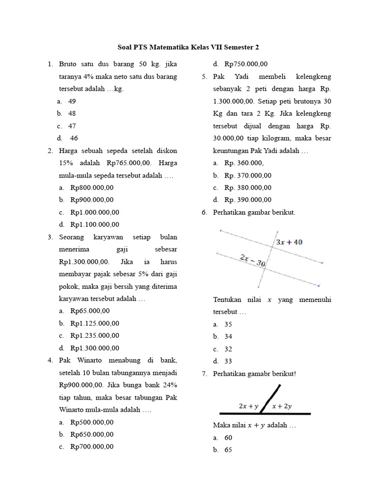 Soal PTS Matematika Kelas 7 Semster 2 | PDF