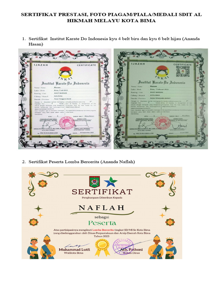 Sertifikat Prestasi, Foto Piagam, Piala Dan Medali | PDF