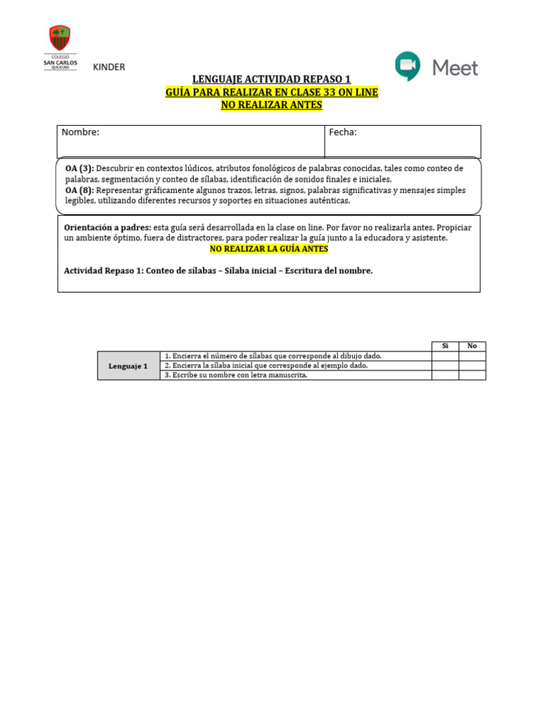 Guía de Repaso de Lenguaje para Kinder | PDF