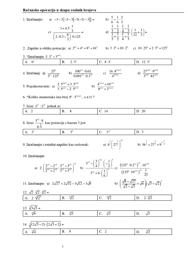 Računske Operacije U Skupu Realnih Brojeva | PDF
