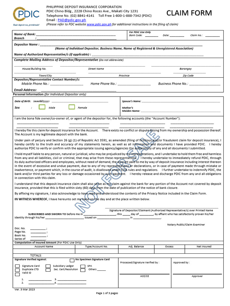 PDIC Deposit Insurance Claim Form | PDF | Automated Teller Machine ...