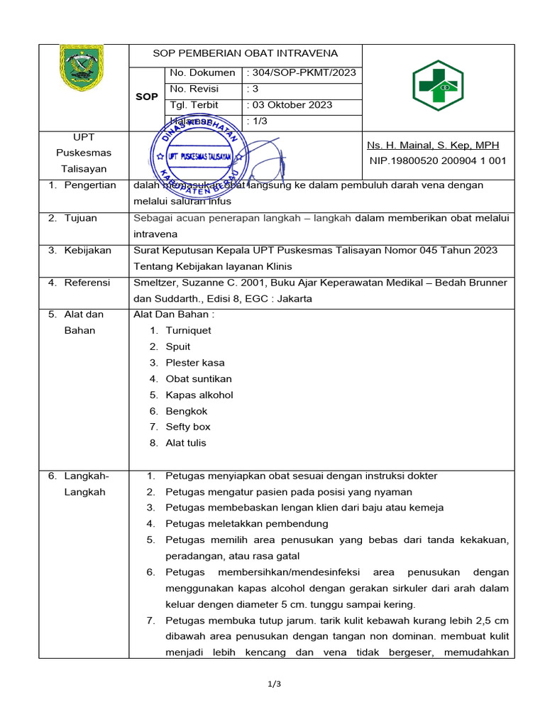 Sop Pemberian Obat Intravena | PDF
