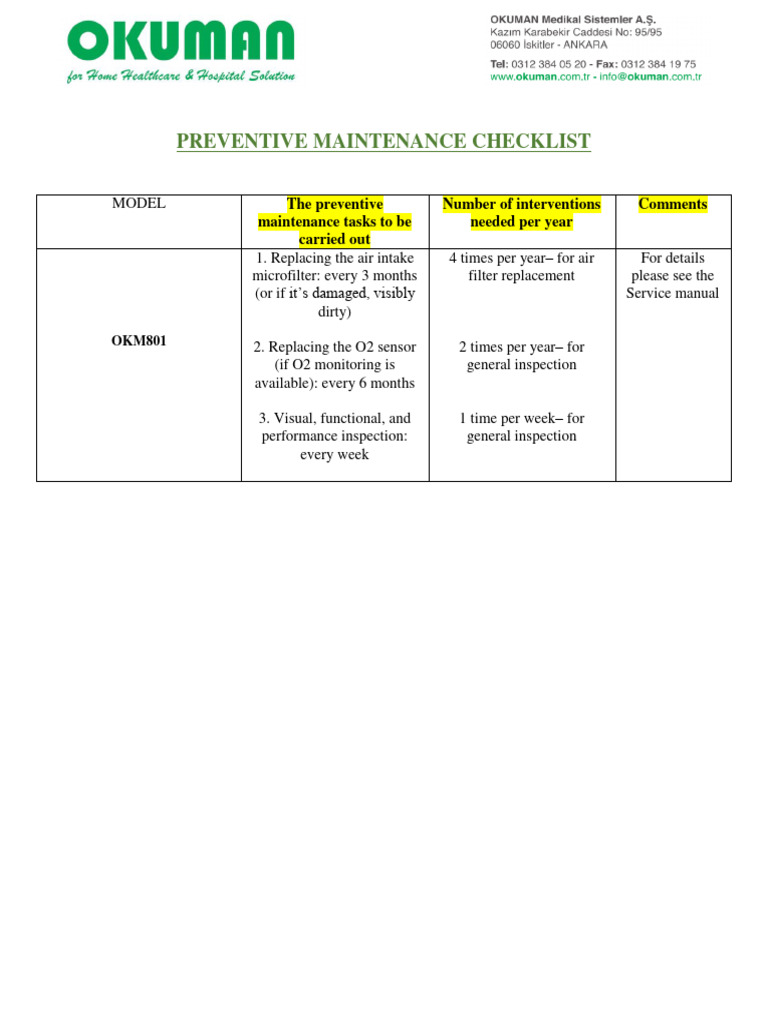 Maintenance Check List For OKM801 | PDF