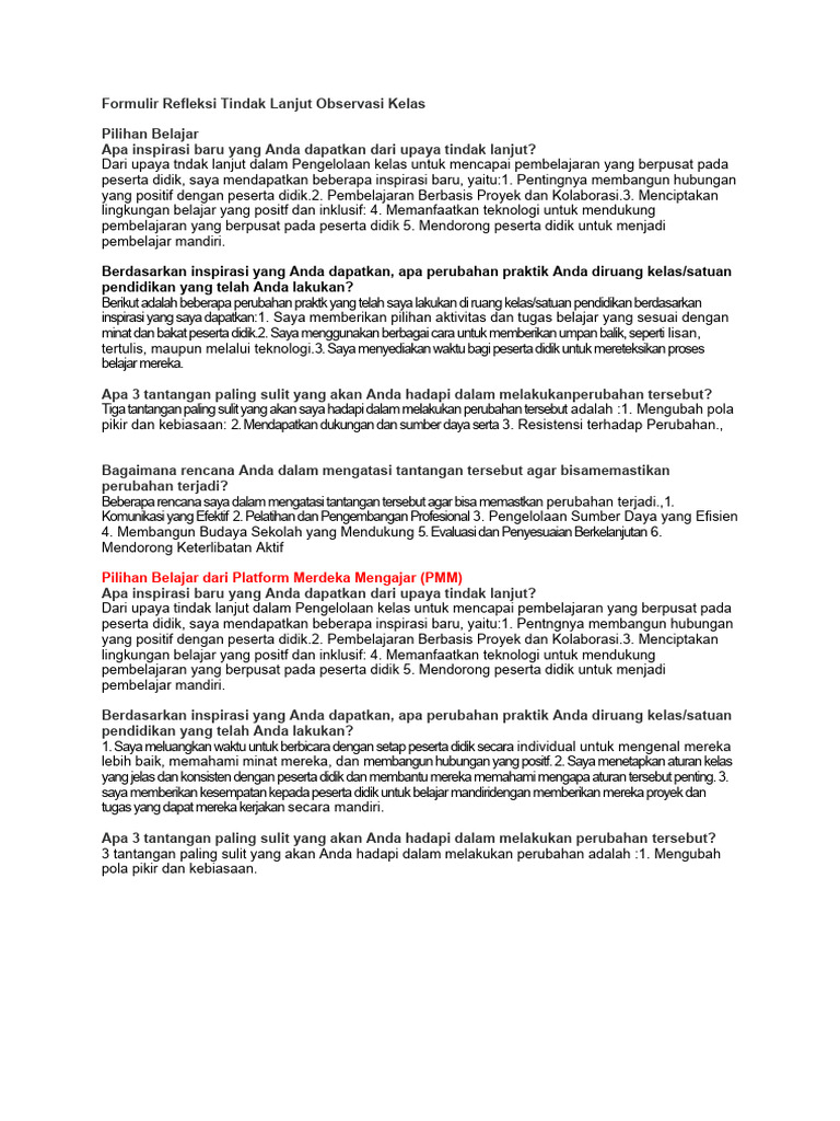 Upaya Refleksi Tindak Lanjut Observasi Kelas | PDF