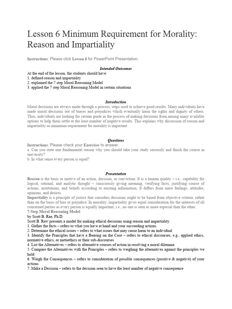 Lesson 6 Minimum Requirement For Morality | PDF | Reason | Morality