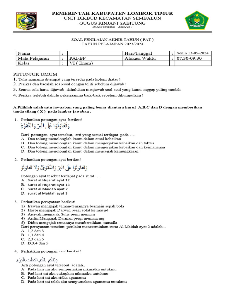 SOAL PAT ( PAI ) KLS 6 2024 | PDF