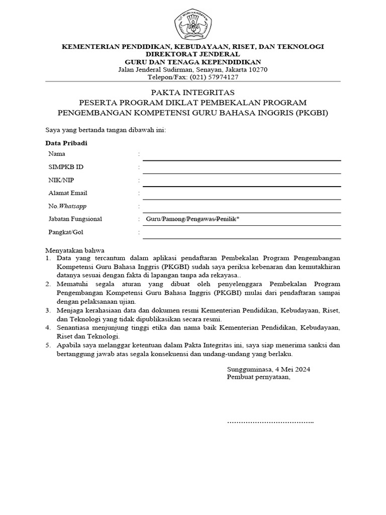 Contoh Pakta Integritas PKGBI | PDF