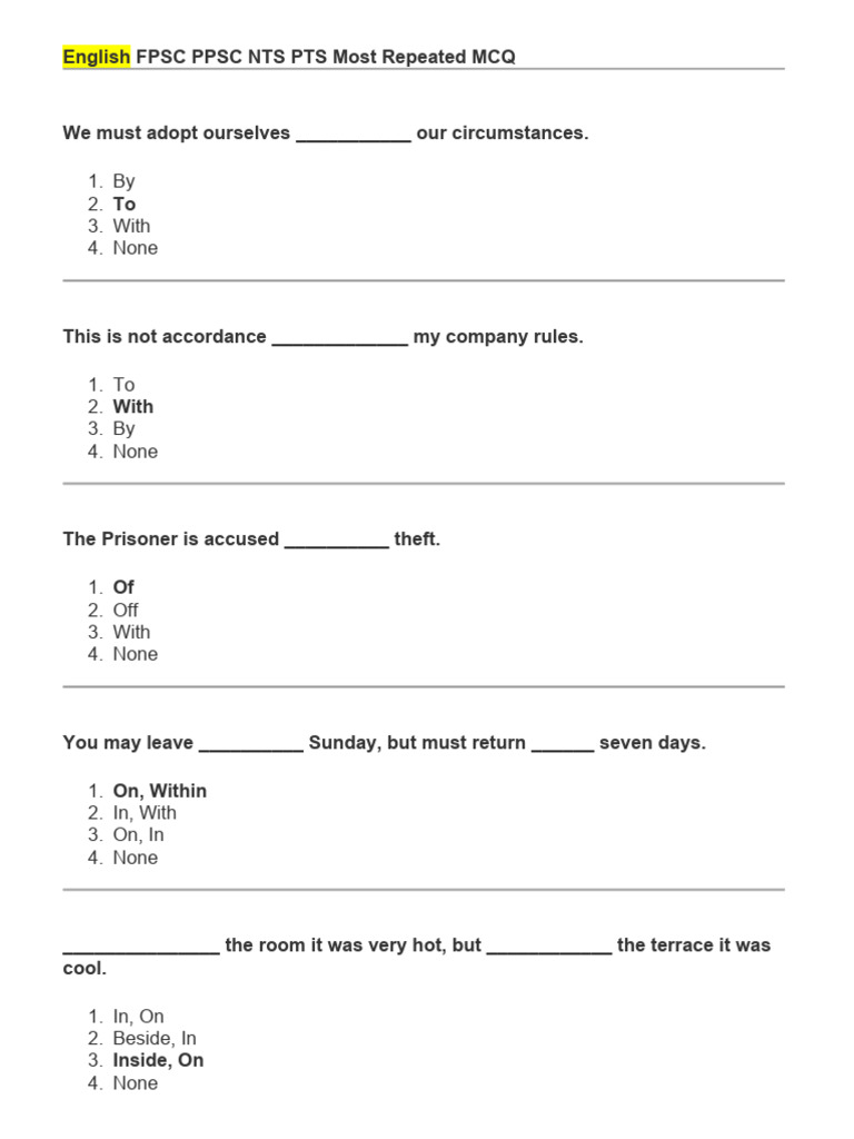English FPSC PPSC NTS PTS Most Repeated MCQ | PDF | Verb | Adjective
