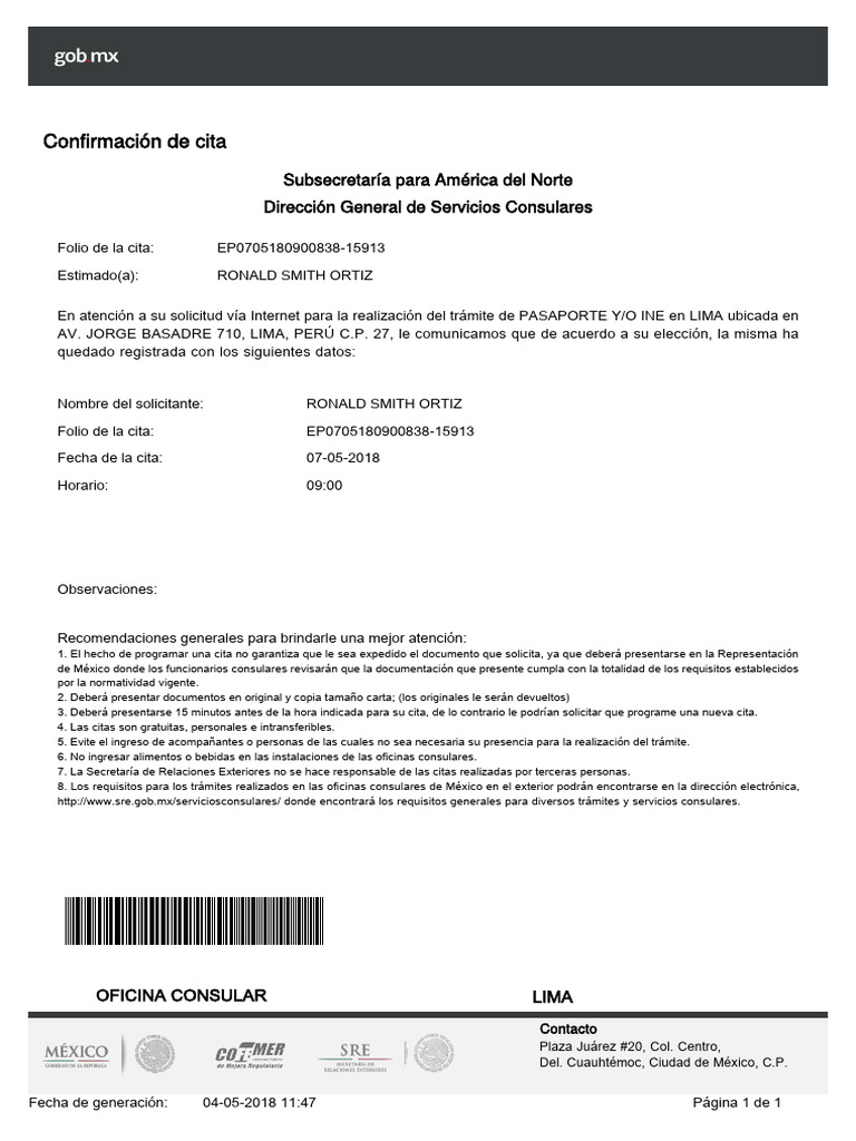 Confirmacion Cita | PDF