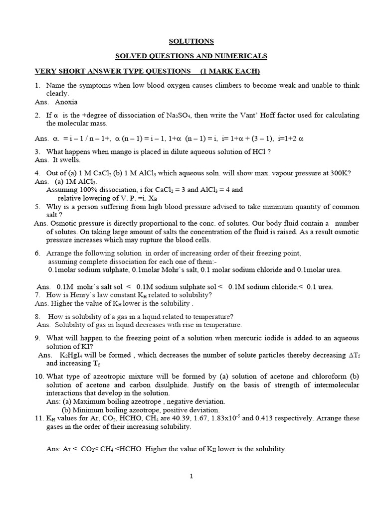 Solutions Questions | PDF | Molar Concentration | Dissociation (Chemistry)