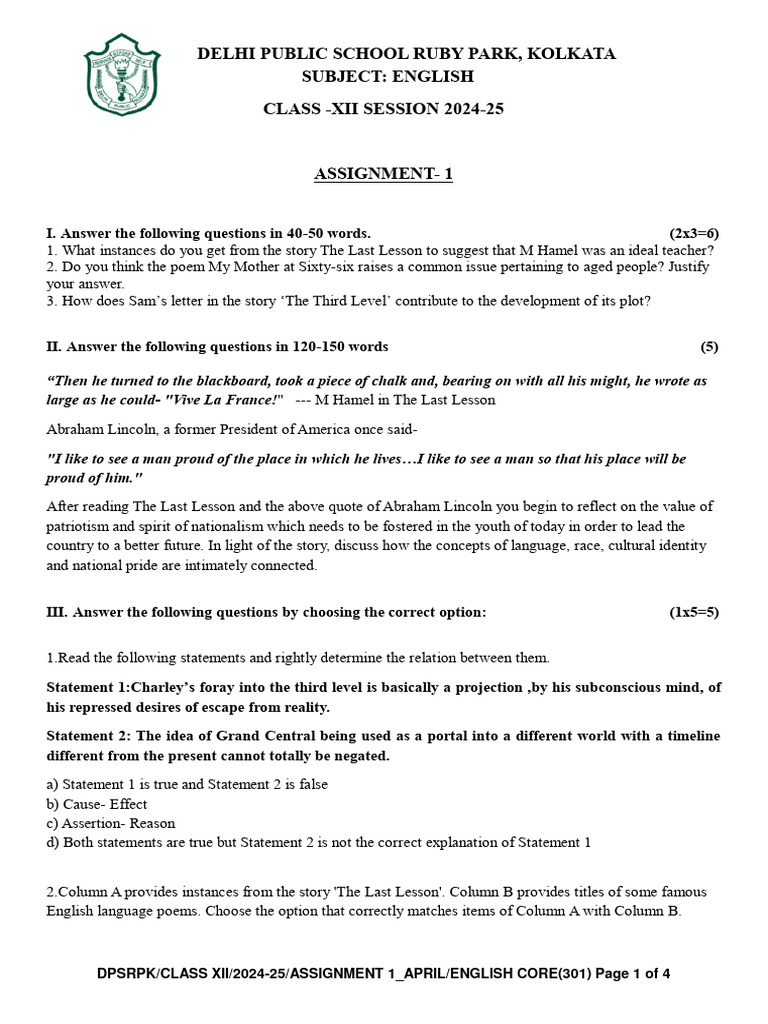 Class 12 April Assignment - 1 | PDF | General Fiction