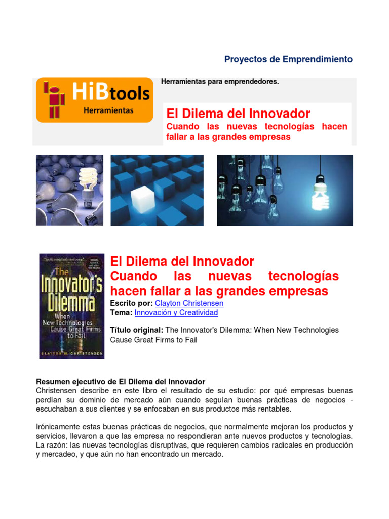 El Dilema Del Innovador (Resumen) - Christiansen | PDF | Innovación disruptiva | Business