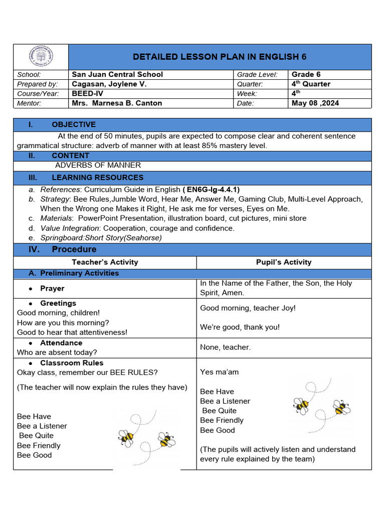 Final Demo Detailed Lesson Plan in English 6 | PDF | Teaching Method | Adverb