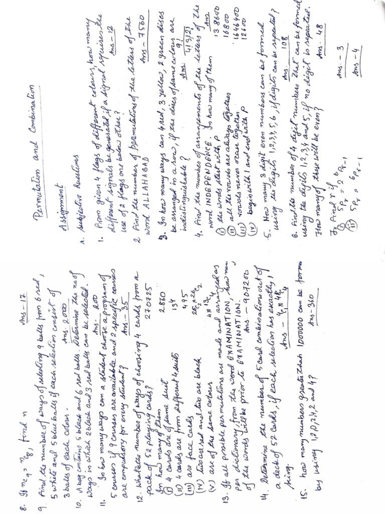 Permutations and Combinations Assignment PDF | PDF
