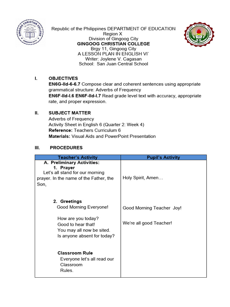 English Lesson Plan Grade 6 | PDF | Teachers | Adverb
