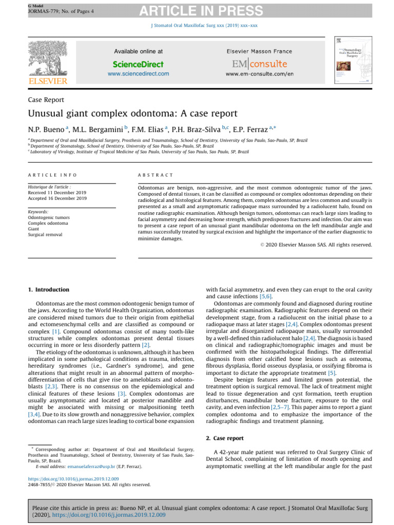 Giant Complex Odontoma Case Study | PDF | Surgery | Benign Tumor