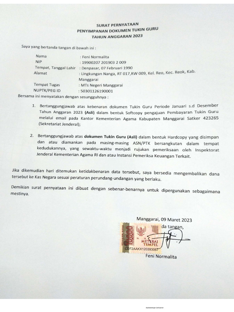 Surat Pernyataan Tukin Feni 2023 | PDF