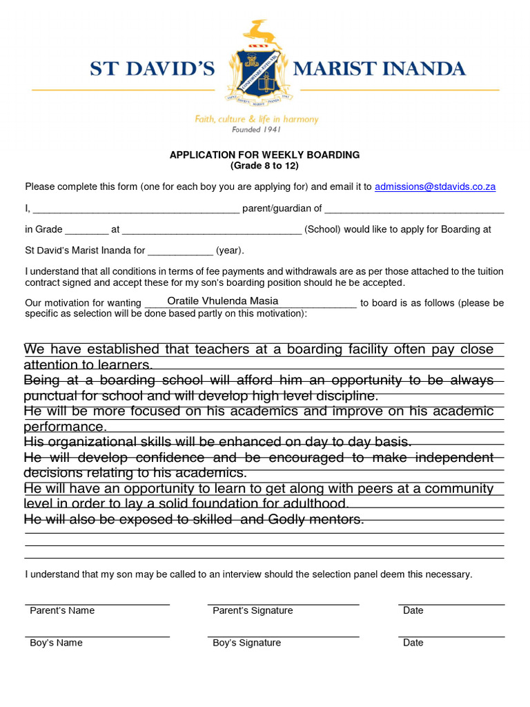 St David's Weekly Boarding Application | PDF | Career & Growth | Wellness