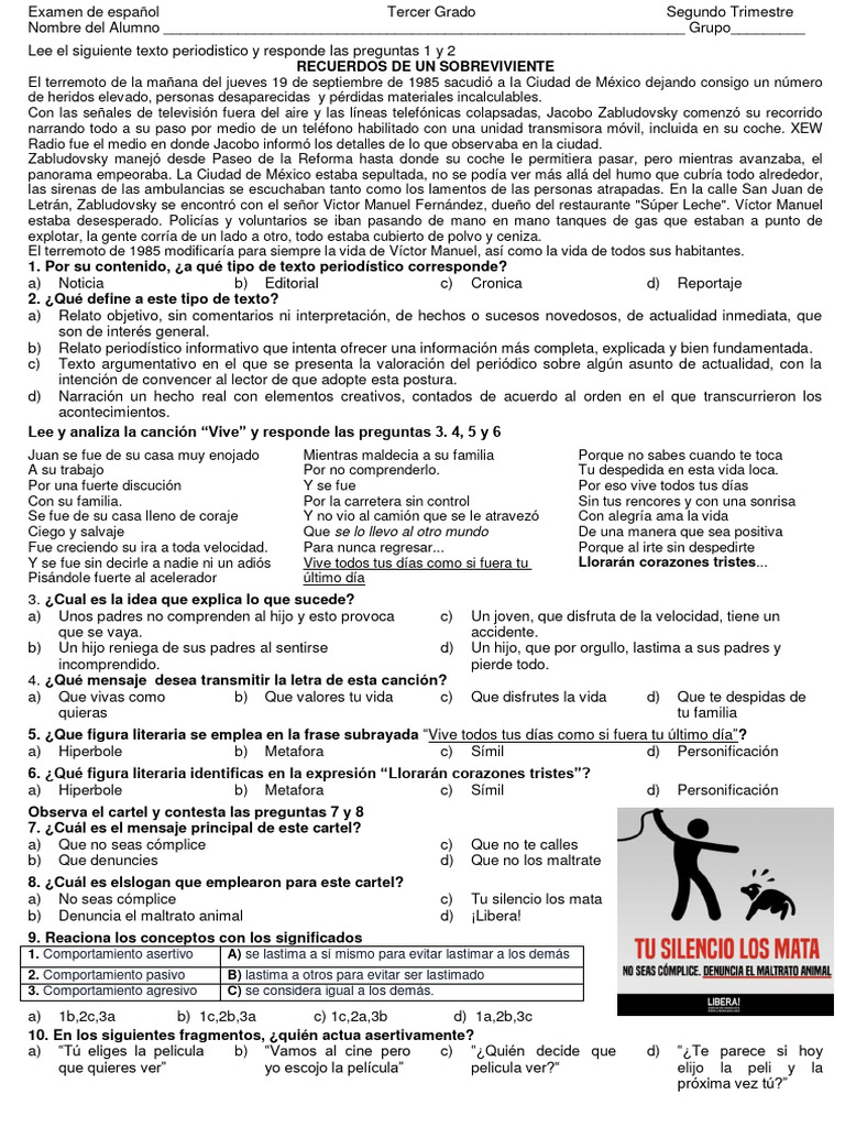 Examen de Español Tercer Grado | PDF | Arte | Poesía