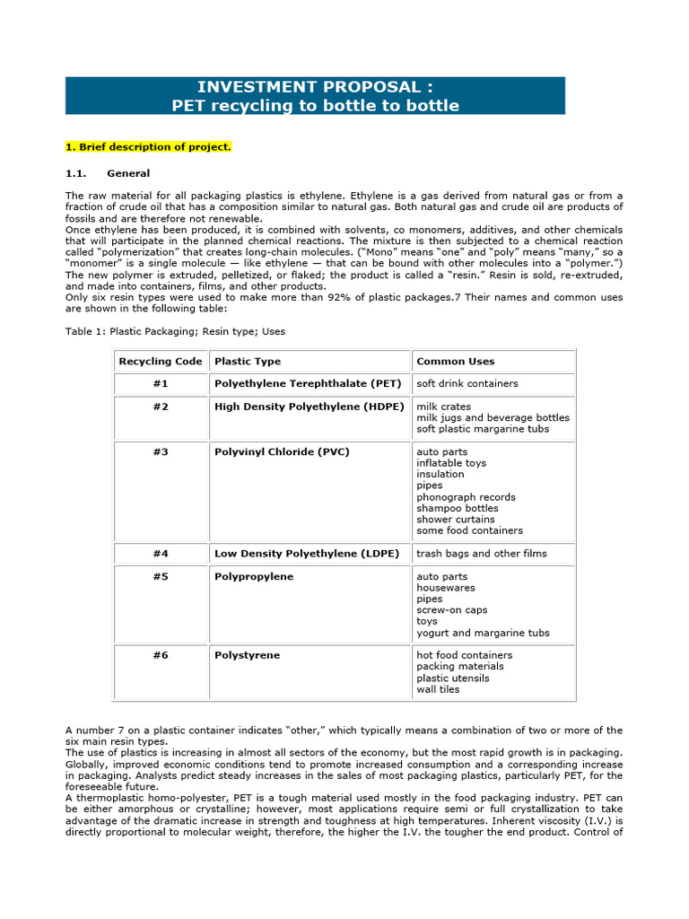 Investment Proposal: PET Recycling To Bottle To Bottle: 1. Brief Description of Project | PDF ...
