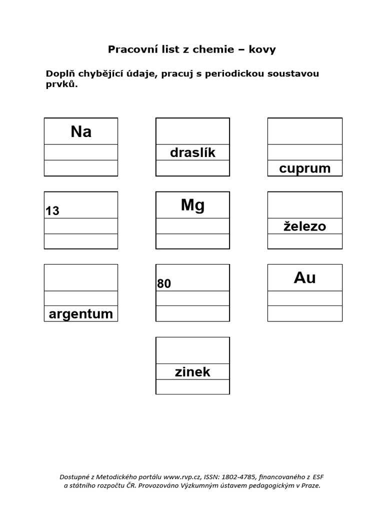 Kovy - Pracovni List | PDF