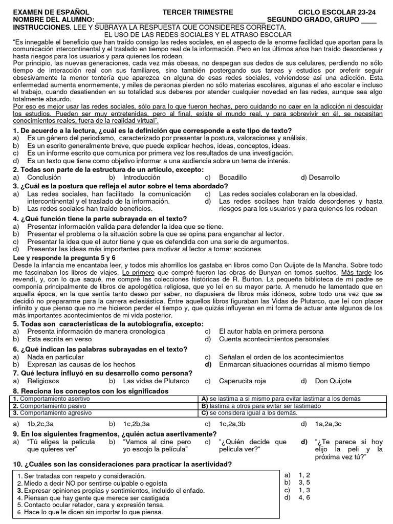 Examen de Segundo Grado - Segundo Trimestre | PDF