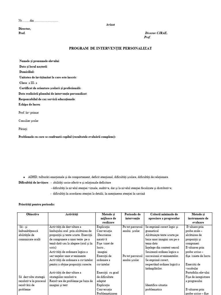 Program de Intervenție Personalizat: Avizat Director, Prof | PDF