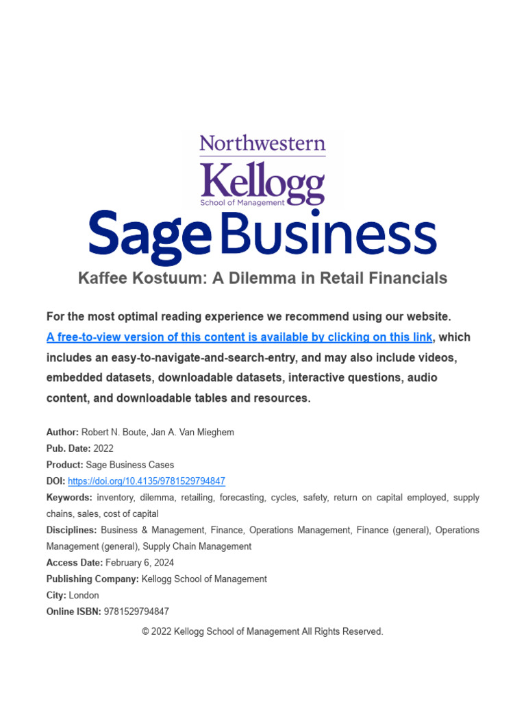 Unit 2 Case 2 Kaffee-Kostuum-A-Dilemma-In-Retail-Financials | PDF | Forecasting | Inventory