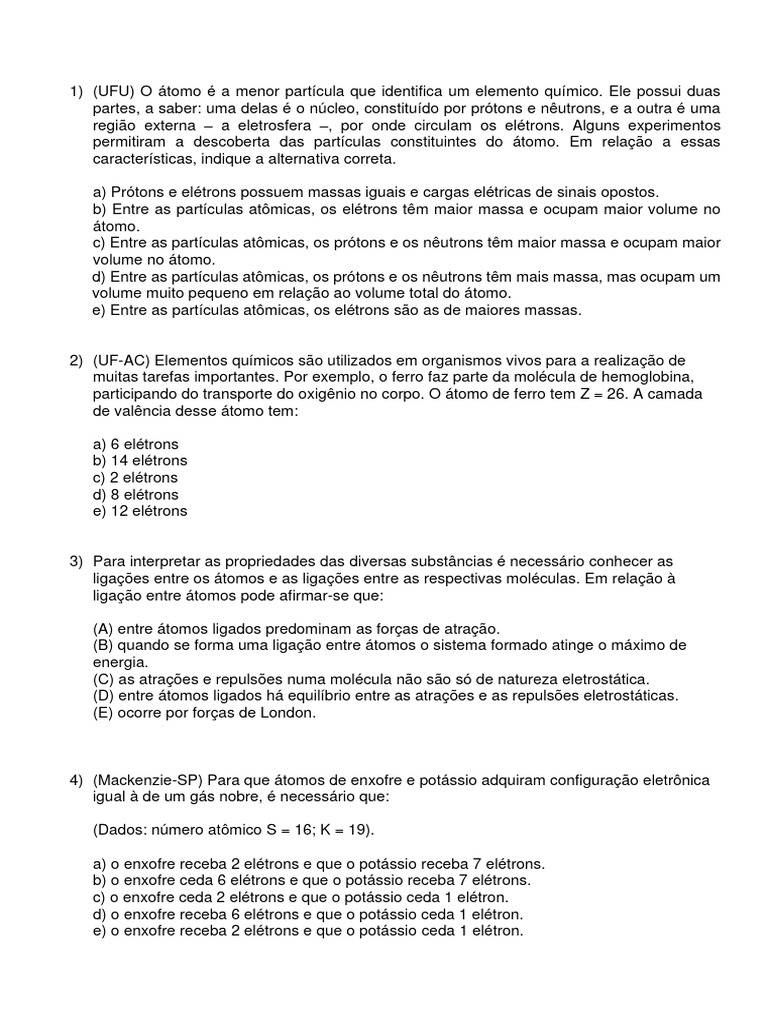 Atividade 1º Ano Química Pdf Ligação Química Moléculas