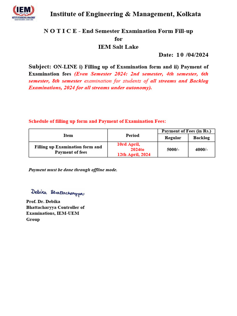 Notice Examination Form Fill Up Even Sem 2024 - IEM Salt Lake | PDF