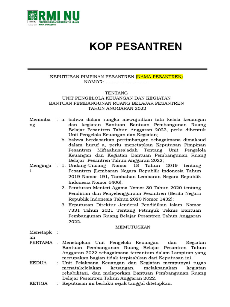 Surat Keputusan UPK2B Pembangunana Ruang Belajar Pendidikan Pesantren TA 2022 | PDF