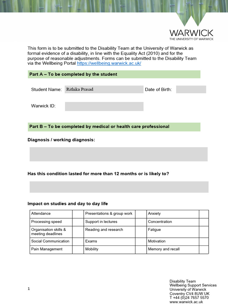 University of Warwick Medical Evidence Form (1) | PDF | Disability ...