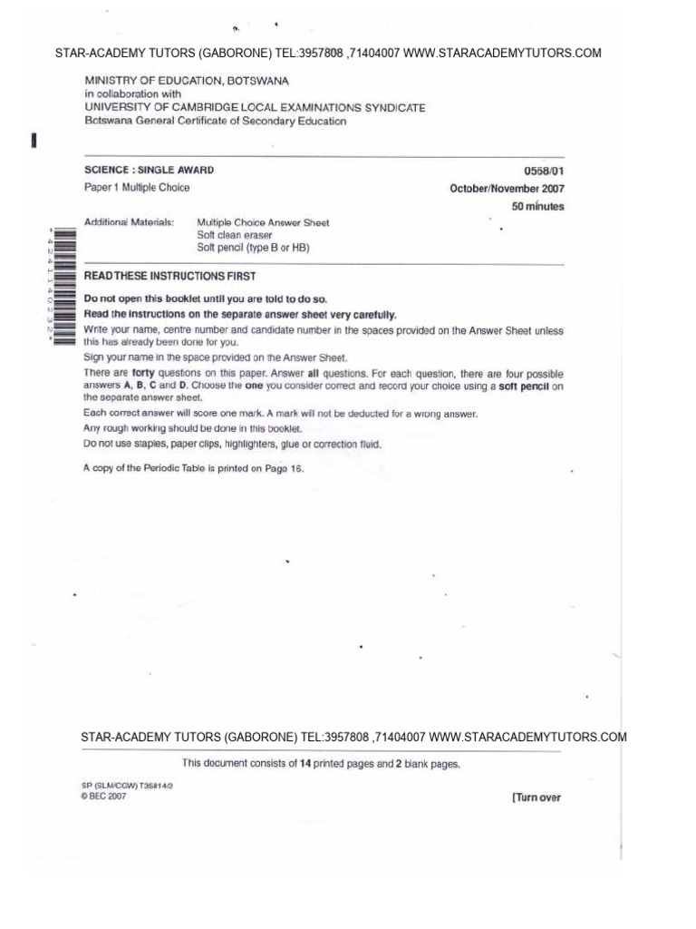 Science Single Award Paper1 2007 November (Bgcse) | PDF