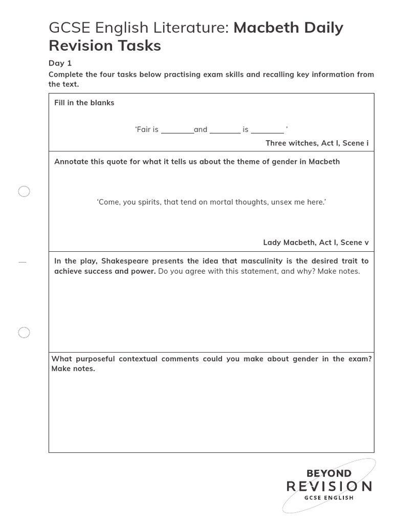 T e 1660741282 Macbeth Daily Revision Tasks 1 Ver 2 | PDF | Macbeth