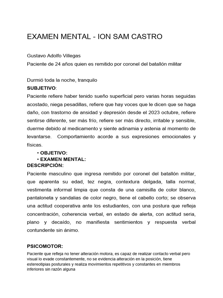 Examen Mental ION SAM CASTRO | PDF | Depresión (estado de ánimo) | Suicidio