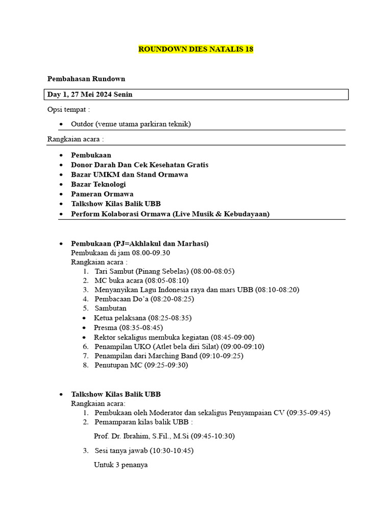 Rundown Acara Dies Natalis UBB 18 | PDF | Seni
