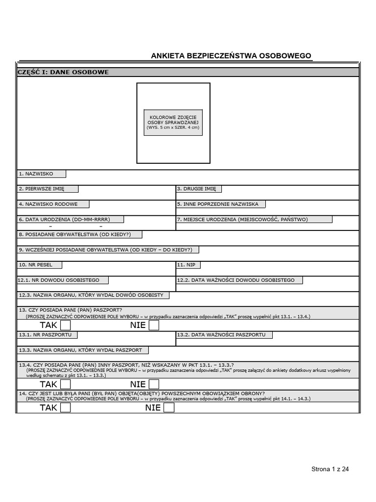 Ankieta Bezpieczeństwa Osobowego | PDF
