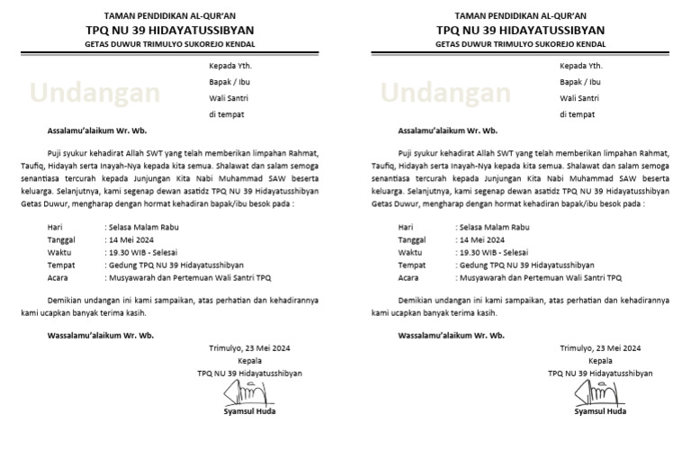 UNDANGAN TPQ RONI 2023 Wali Santri | PDF