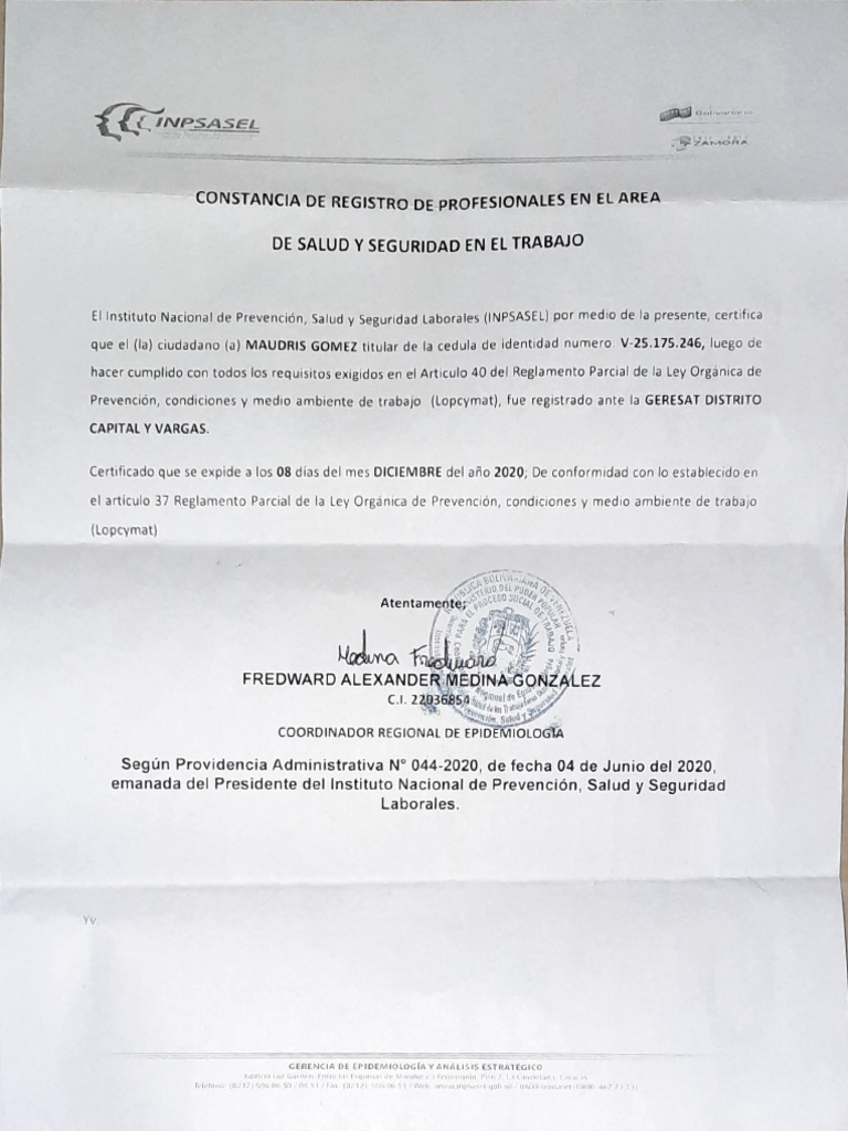 Certificado de INPSASEL MAUDRIS | PDF