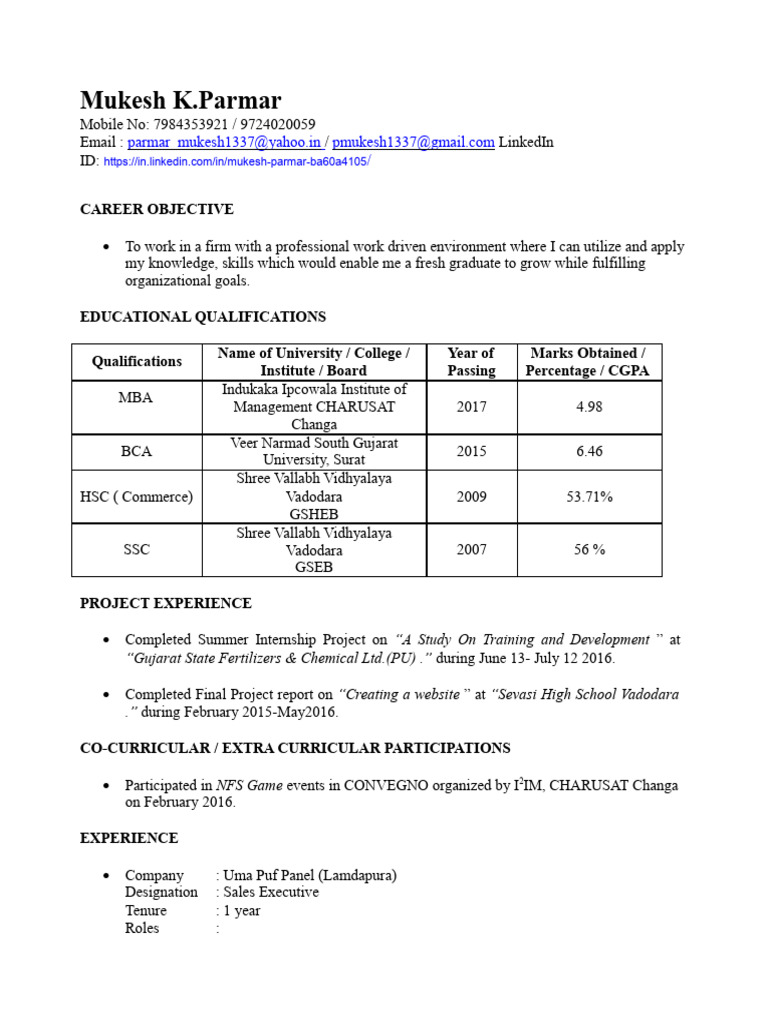 Mukesh Parmar - Sales Executive Resume | PDF | Business
