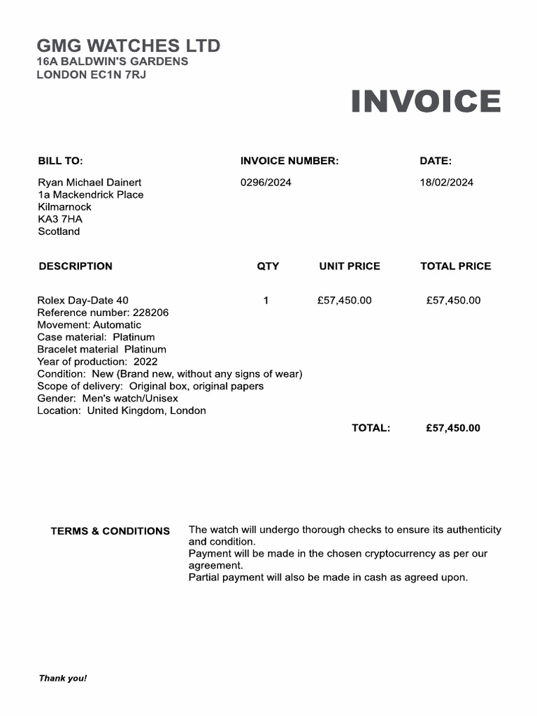 Rolex Day-Date 40 Invoice UK | PDF