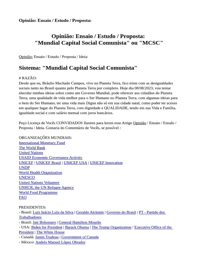 Mundial Capital Social Comunista MCSC Autor BráulioMachadoCampos | PDF | Ensino Superior | Humano