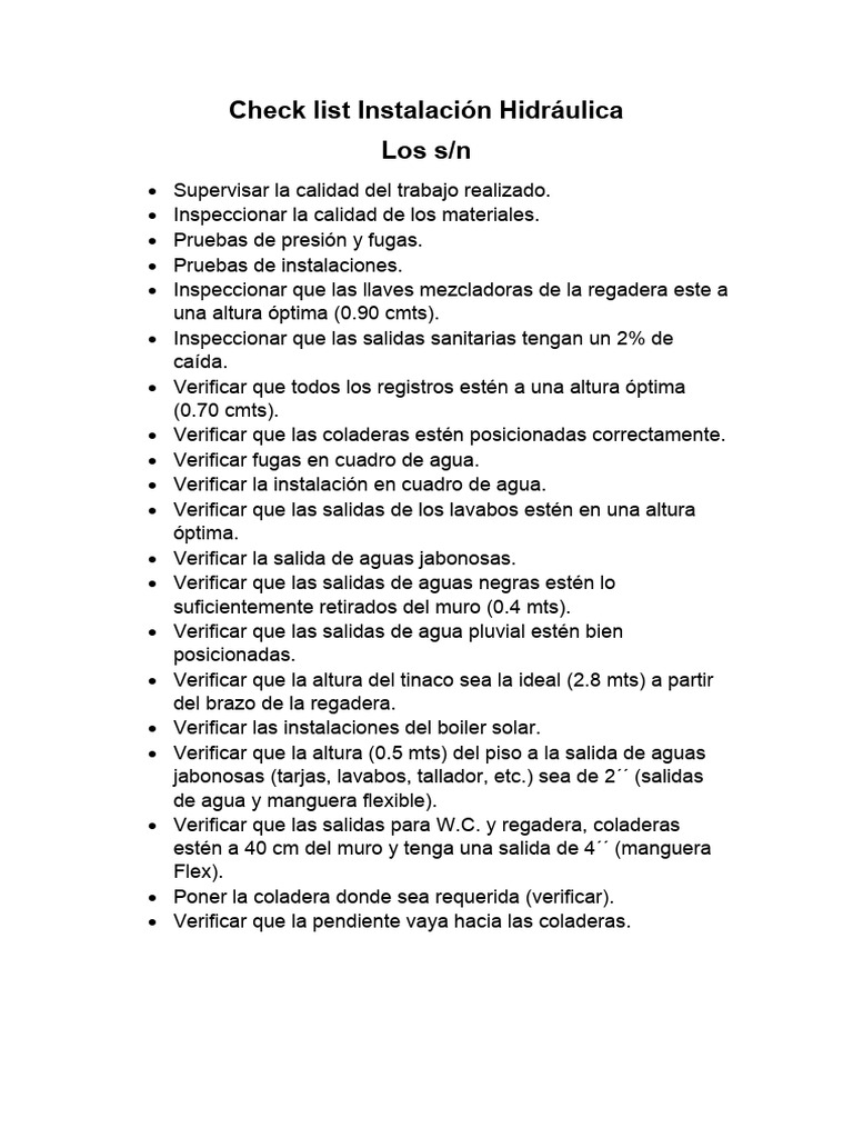 Check List Instalación Hidráulica | PDF