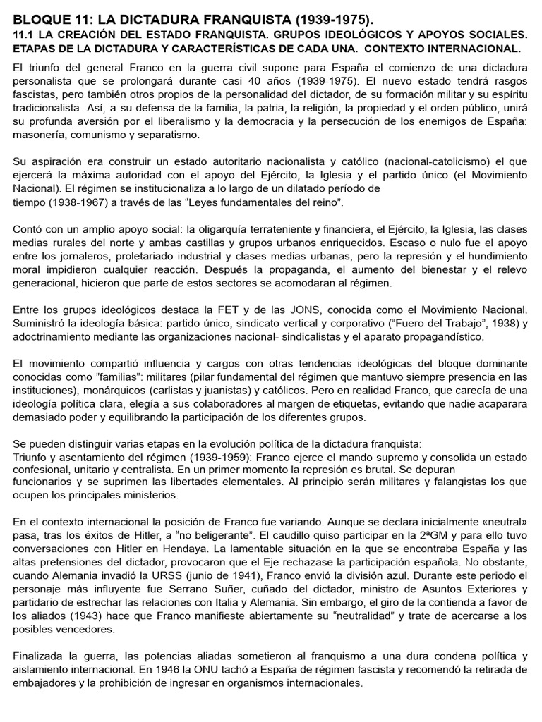 Bloque 11_ La Dictadura Franquista (1939-1975) | PDF | Francisco franco | España franquista