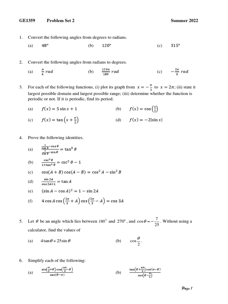 GE1359 Problem Set 2 | PDF | Trigonometric Functions | Combinatorics GE1359 Problem Set 2 | PDF | Trigonometric Functions | Combinatorics